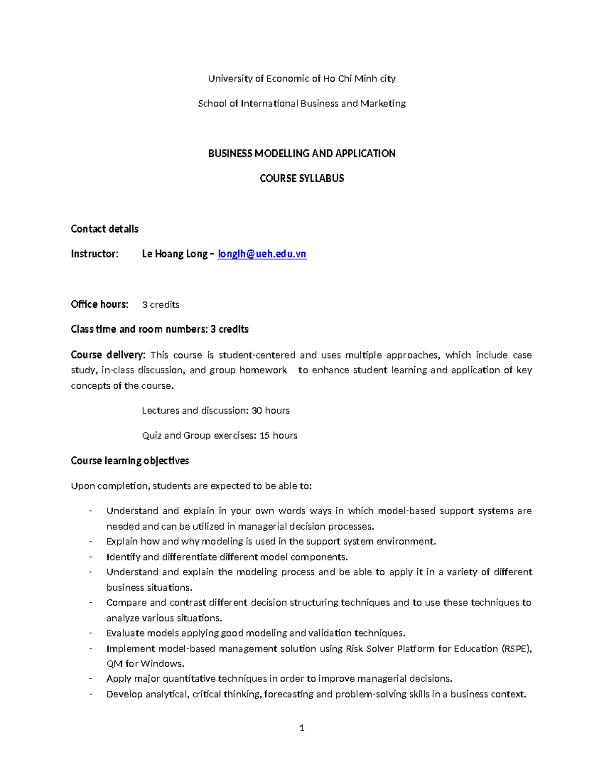 BUSINESS MODELLING AND APPLICATION SYLLABUS (IB 101) - Studocu
