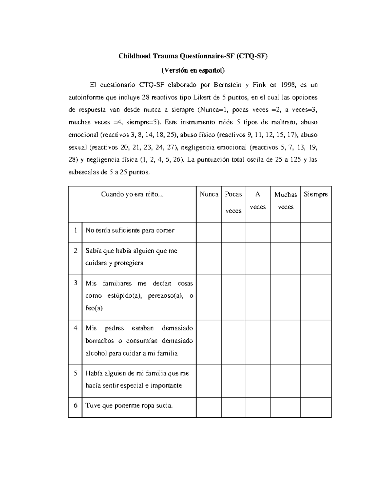 Cuestionario sobre Trauma Infantil CTQ-SF: Versión en Español - Studocu
