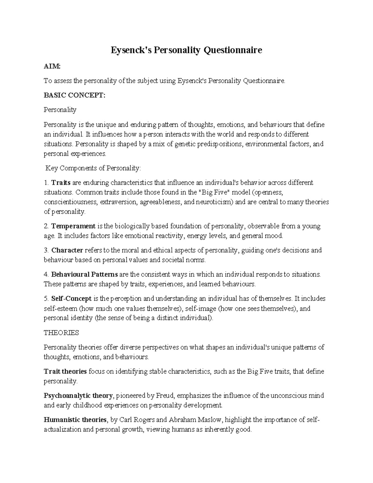 Eysenck's Personality Questionnaire - EPQ - Practical Exercise Analysis ...