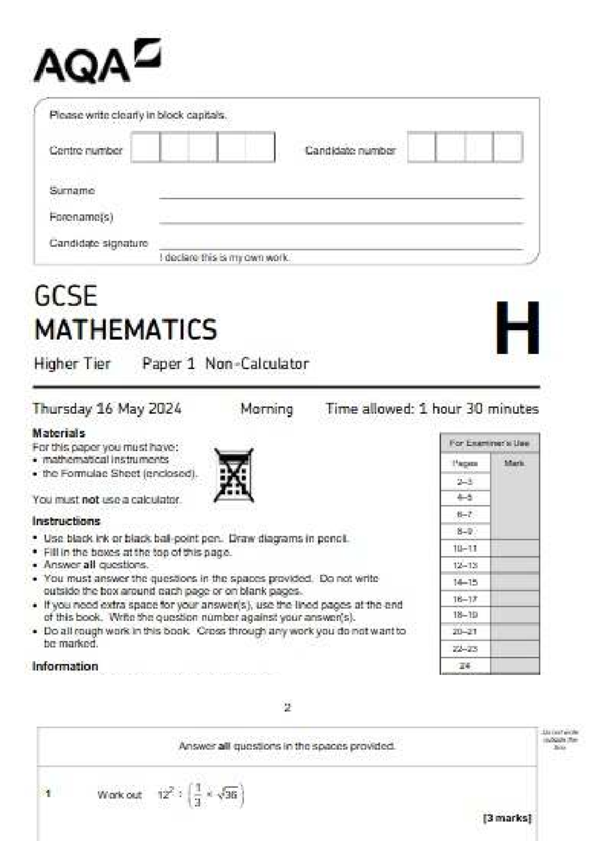 GCSE MATHEMATICS H Higher Tier Paper 1 - May 16, 2024 - Studocu