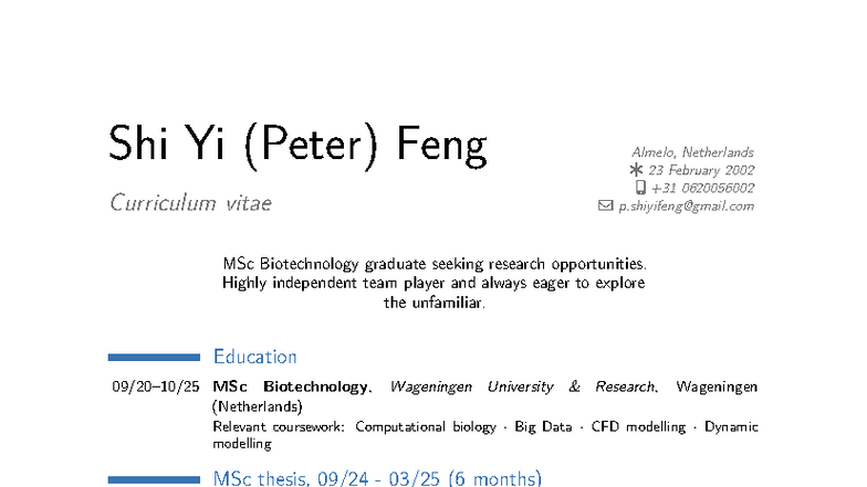 MSc Biotechnology CV & Motivation Letter - Research Opportunities ...