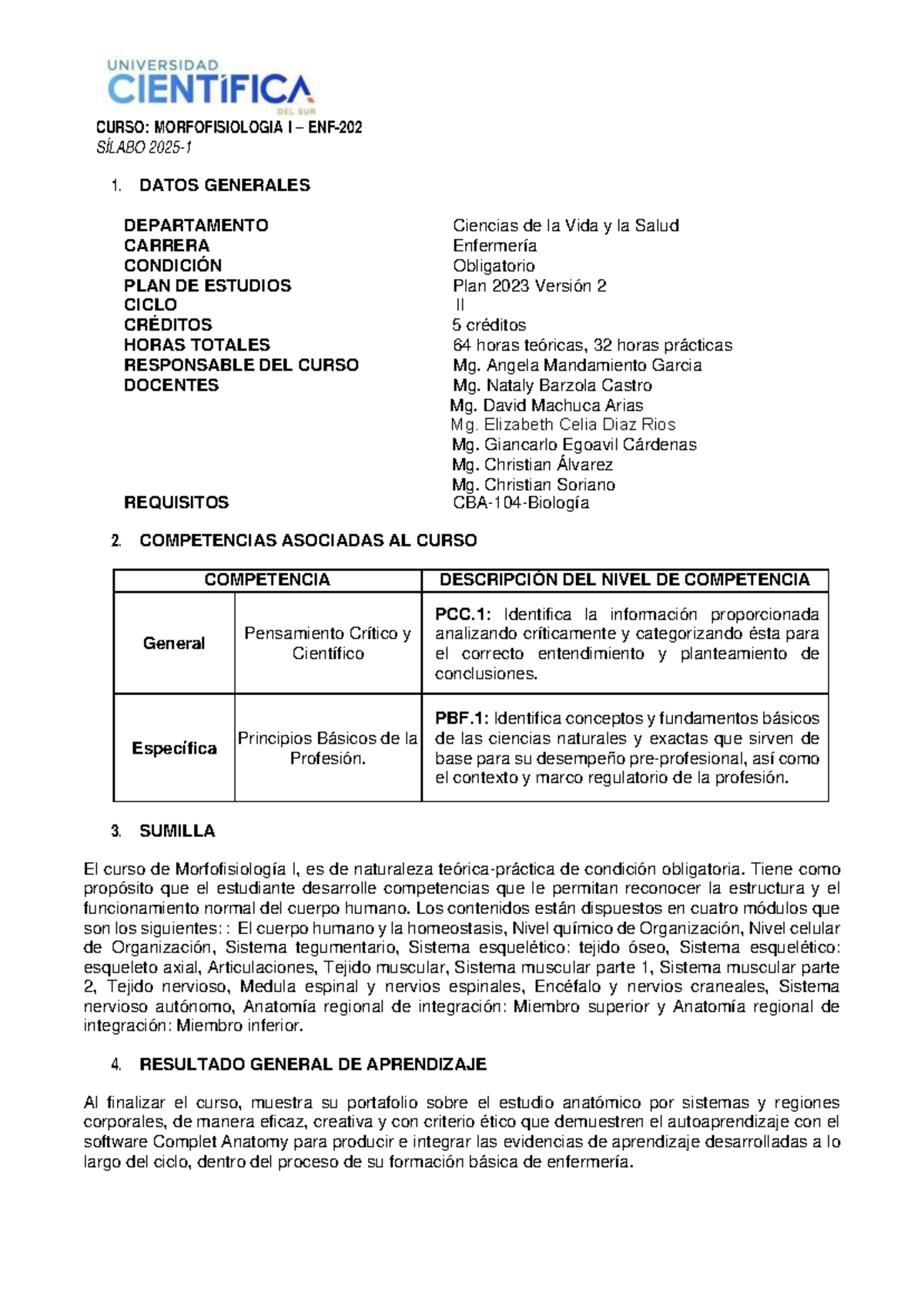 Silabo de Morfofisiología I ENF-202: Estructura y Función del Cuerpo ...