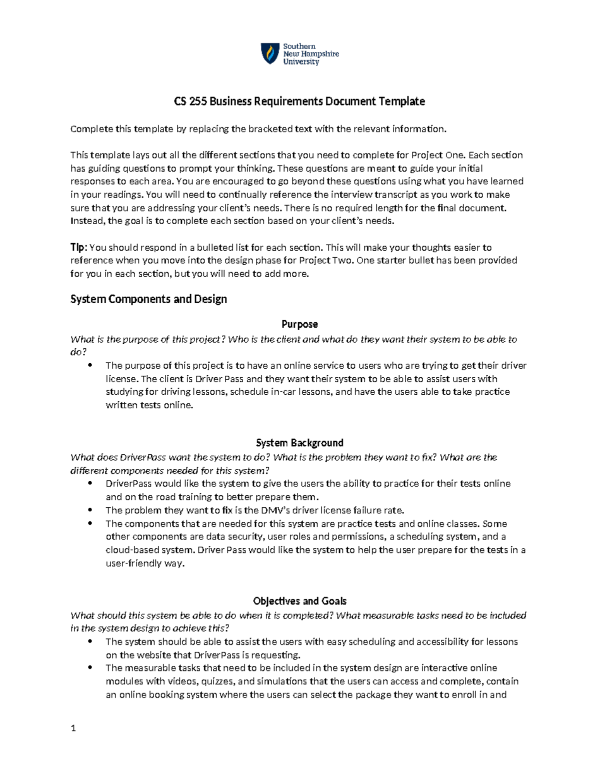 CS 255 Module 1 - Business Requirements Document Template - Studocu