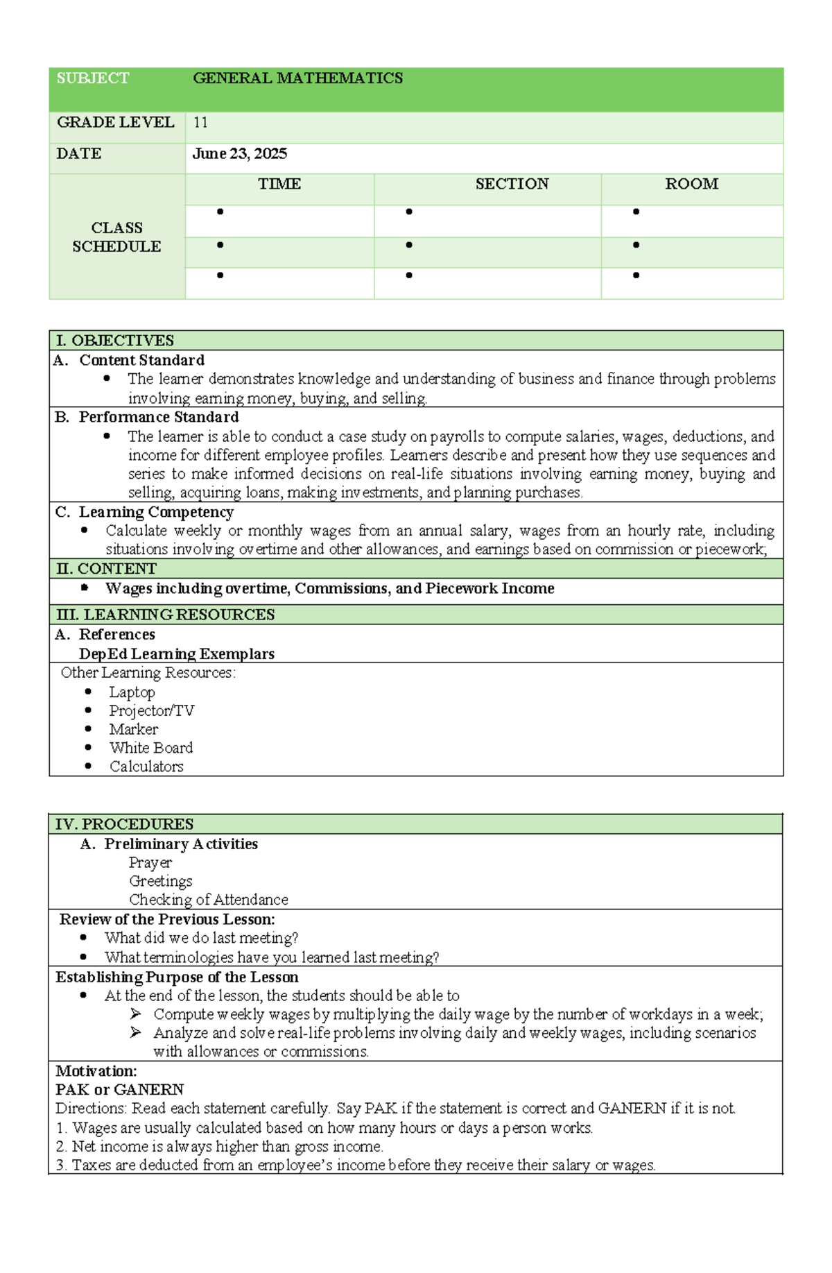 General Mathematics Lesson Plan: Wages & Income Computation (Grade 11 ...