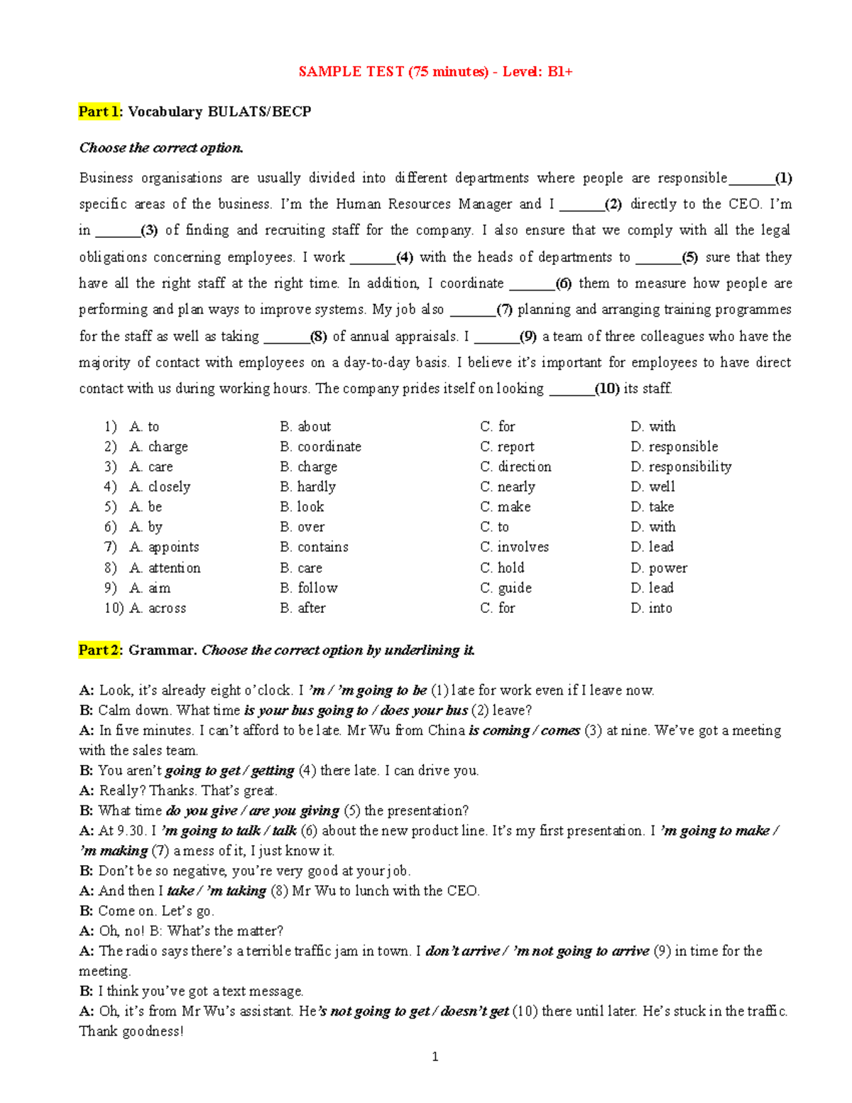 Sample Test: Business Partner B1+ Vocabulary and Grammar Review - Studocu