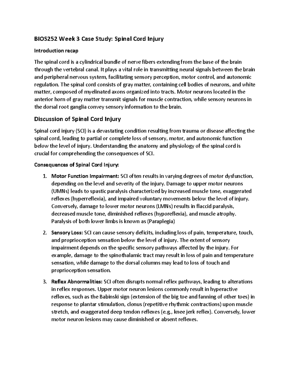 Case study anatomy - BIOS252 Week 3 Case Study: Spinal Cord Injury ...