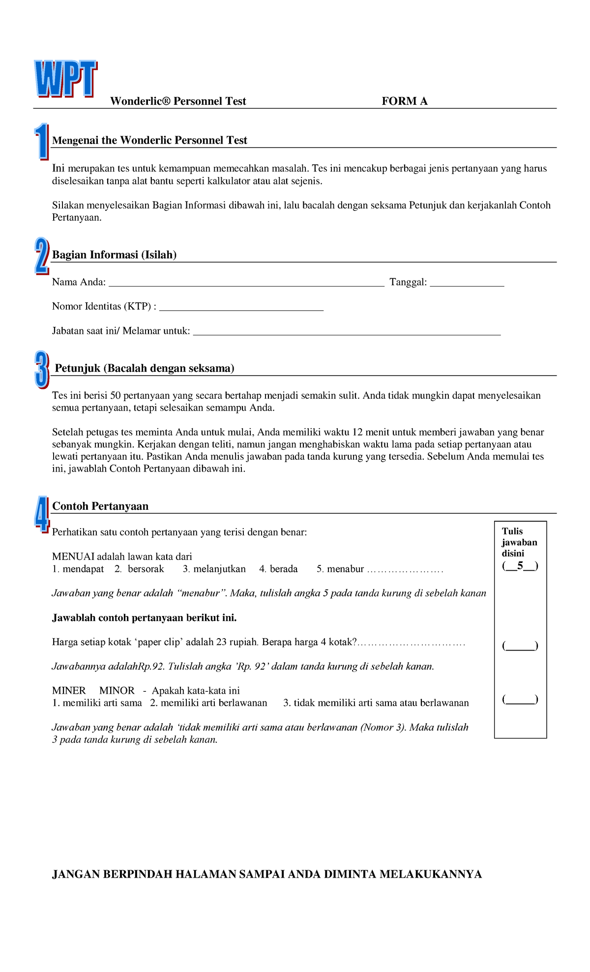 Soal WPT - Wonderlic Personnel Test FORM A - Studocu