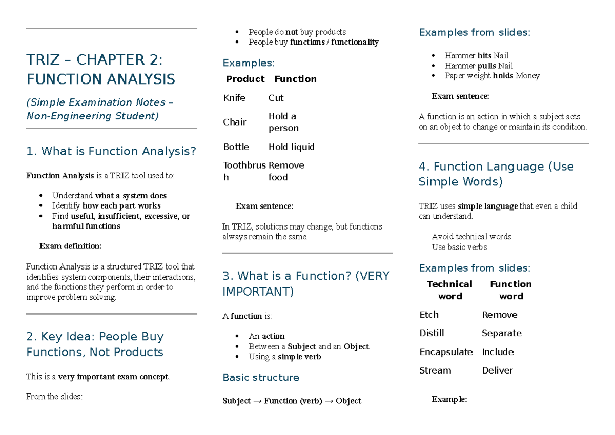 TRIZ CHAPTER 2: FUNCTION ANALYSIS - Key Concepts and Examples - Studocu