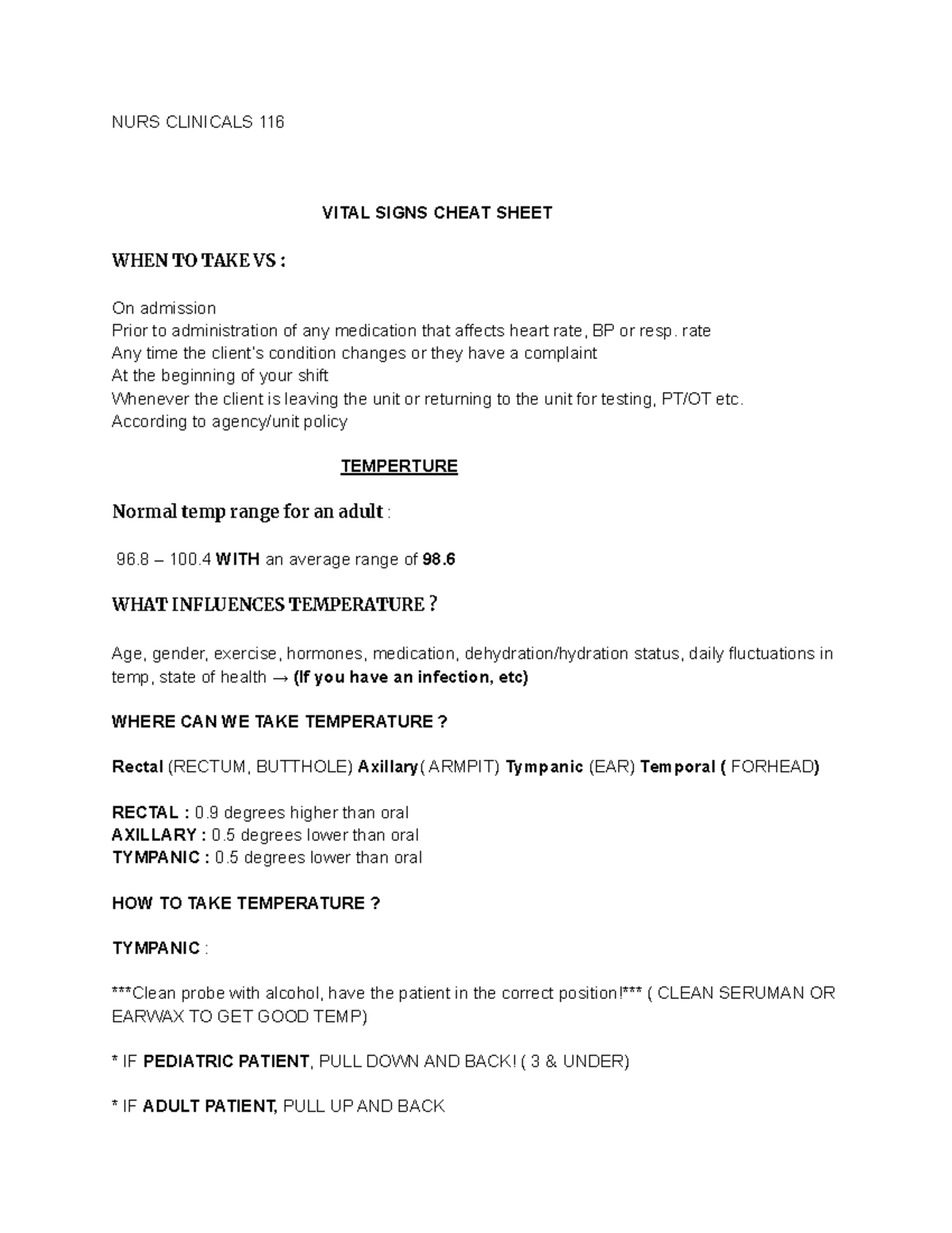 NURS CLINICALS 116: Vital Signs Cheat Sheet for Nursing Students - Studocu