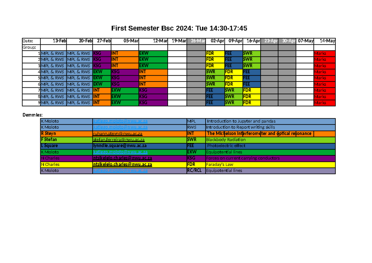 BSc Prac 2 Timetable for First Semester 2024: Group Sessions - Studocu