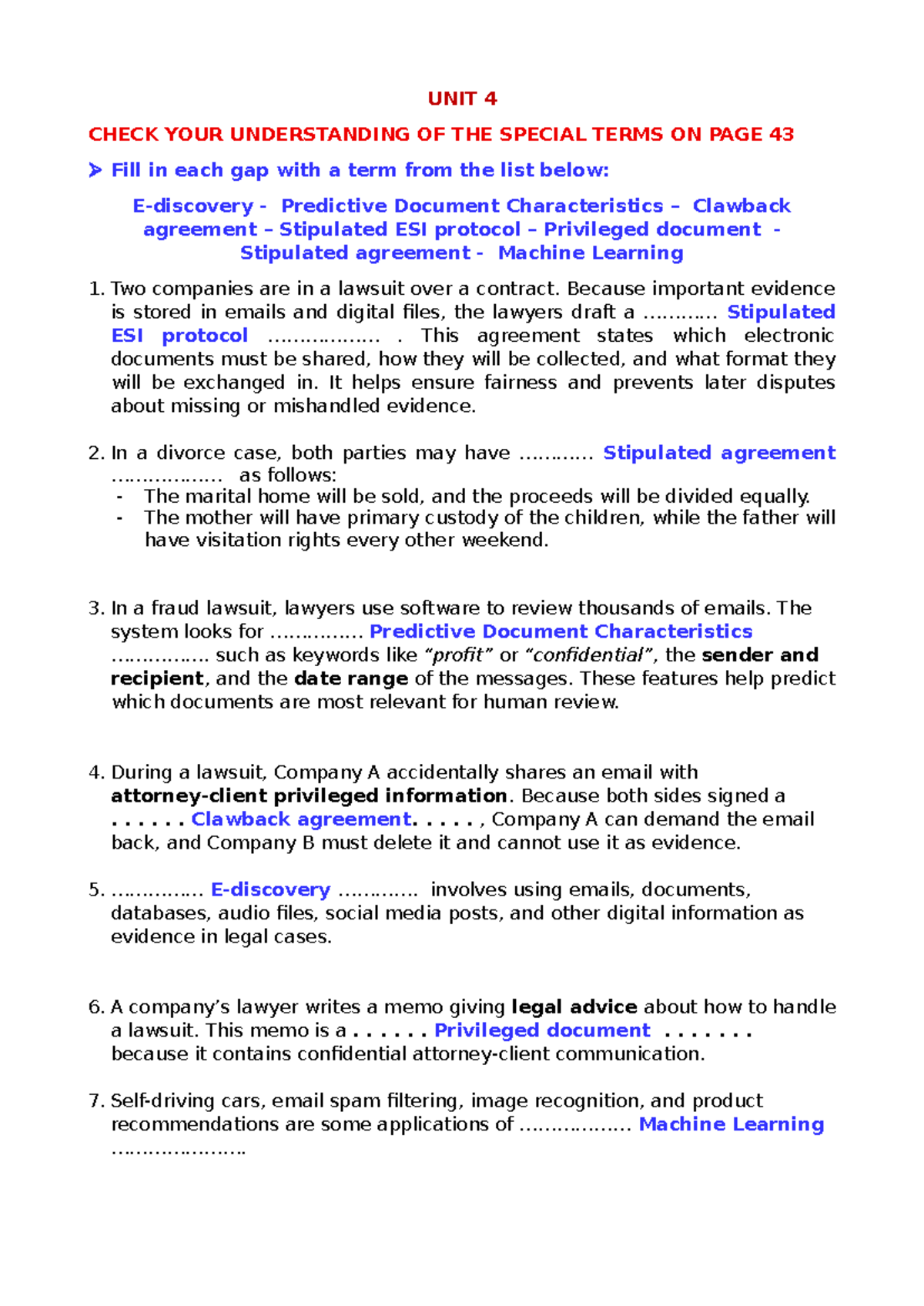 UNIT 4 - Exercise on Special Terms and Legal Concepts - Studocu