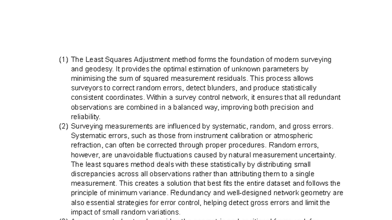 Least Squares Adjustment in Modern Surveying (Class disc A) - Studocu