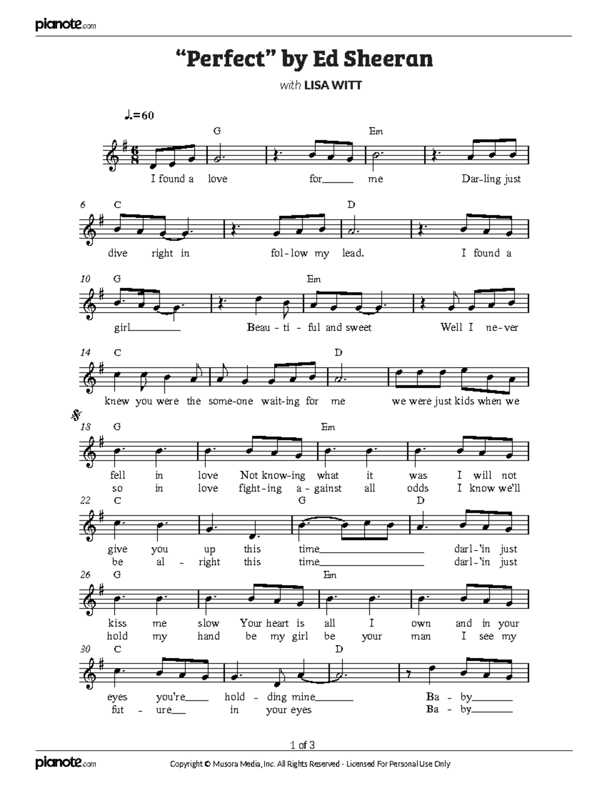Perfect Lead Sheet for "Perfect" by Ed Sheeran - Notes - Studocu