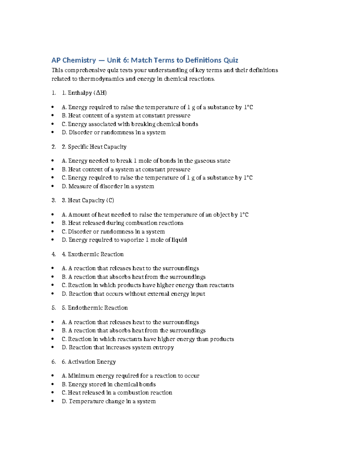 AP Chemistry Unit 6: Key Terms and Definitions Quiz - Studocu
