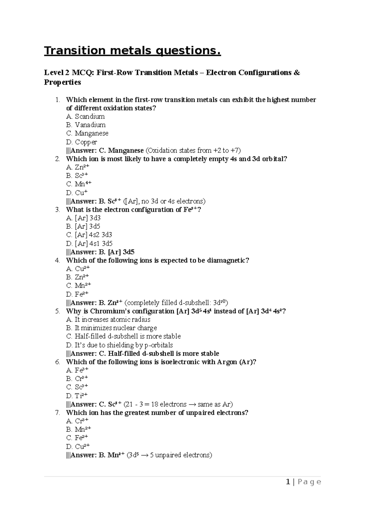 First-Row Transition Metals: MCQ & Non-MCQ Questions (CHEM 101) - Studocu