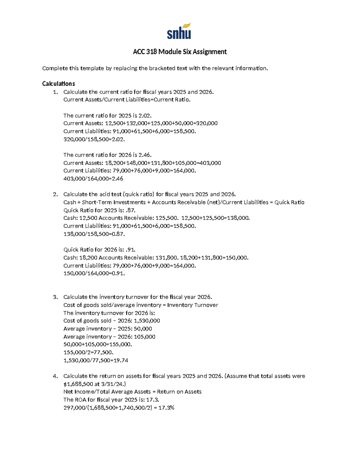 ACC 318 Module Six Assignment: Financial Ratios & Analysis for 2025 ...