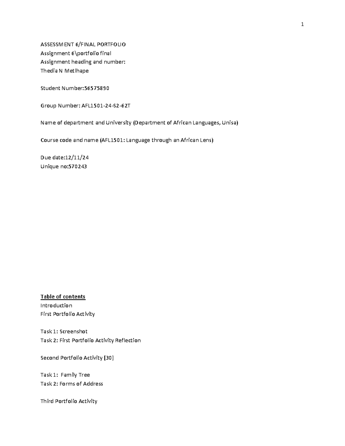 AFL1501: Final assignment portfolio on language through an African lens ...