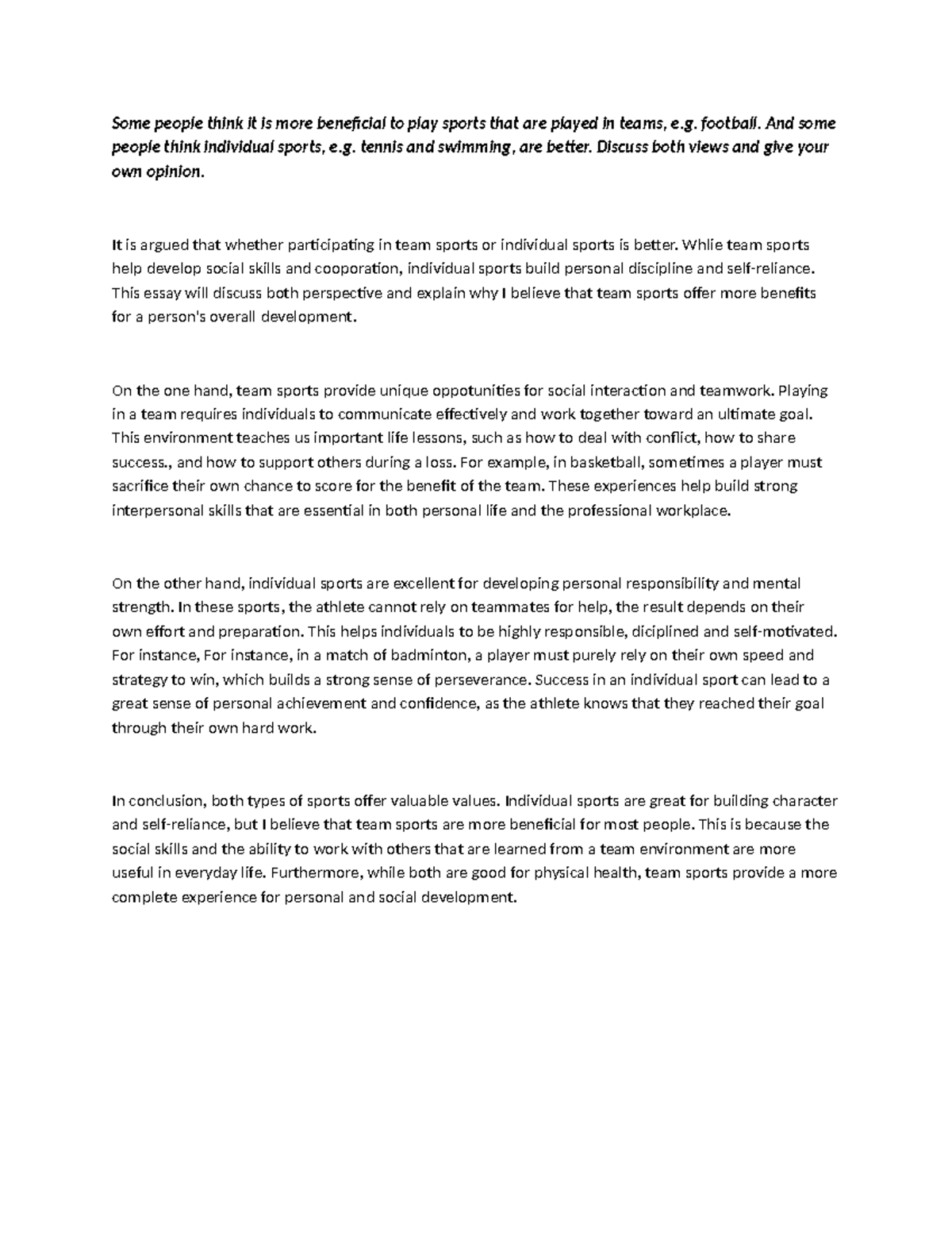 Essay on Team vs Individual Sports: Benefits & Perspectives - Studocu