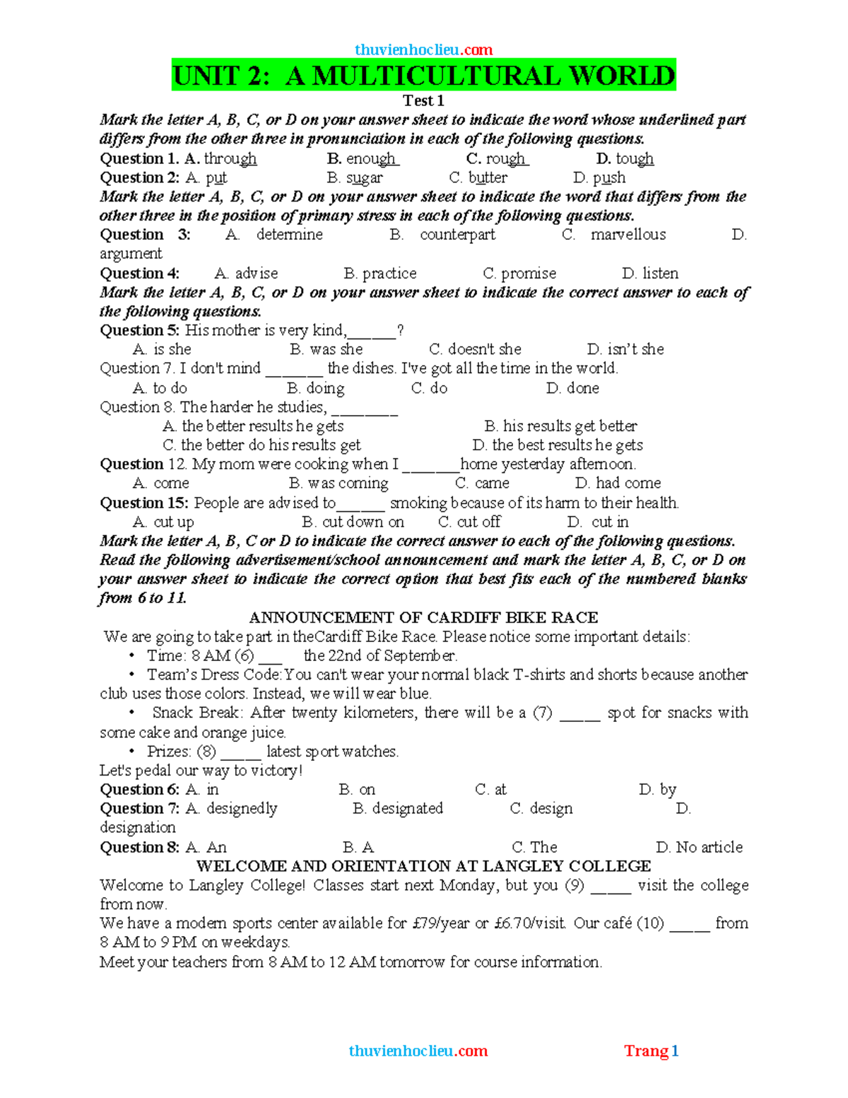 UNIT 2: A MULTICULTURAL WORLD - Test 1 Questions and Answers - Studocu