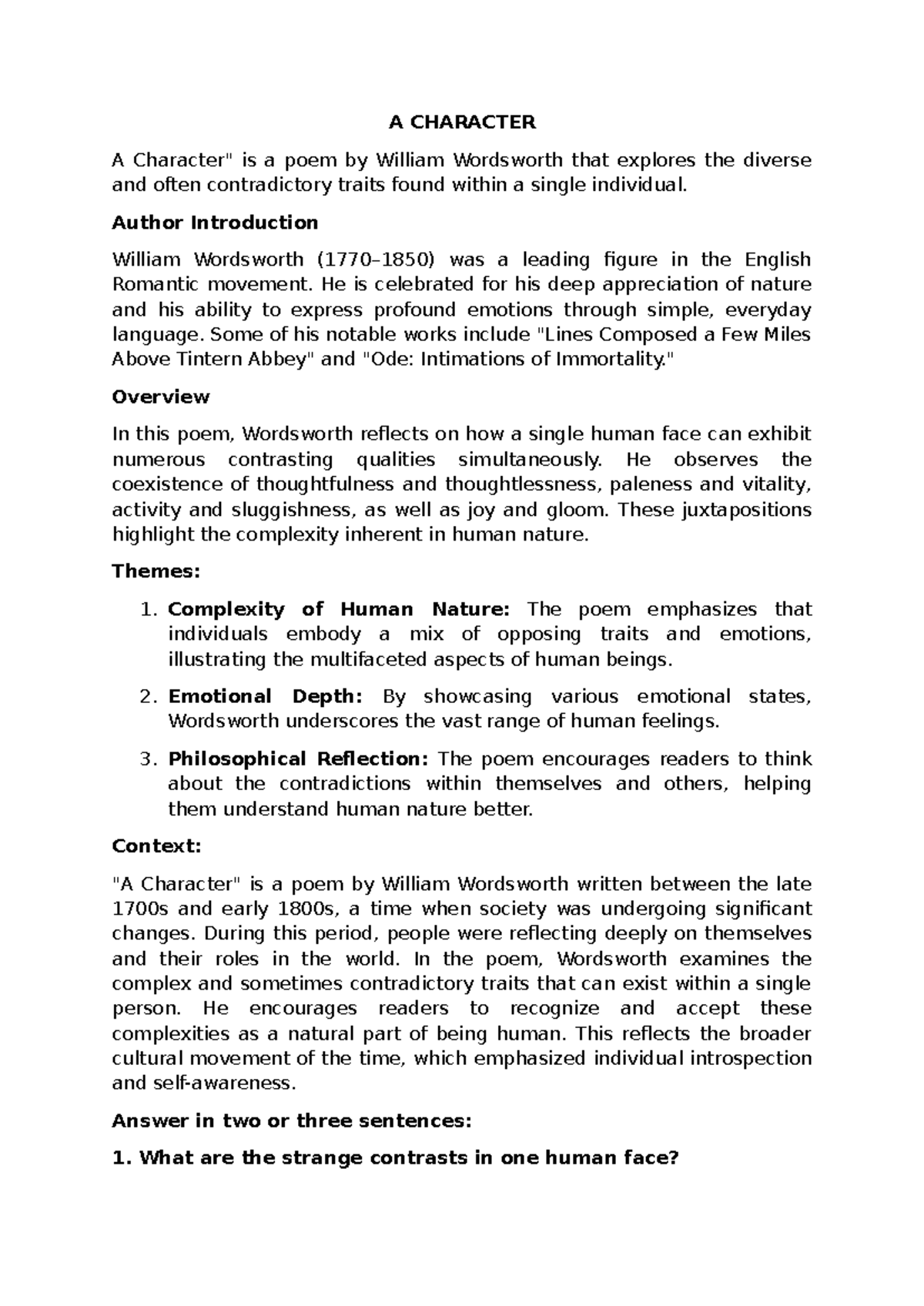 A Character - Lecture Notes on Wordsworth's Poem Analysis - Studocu