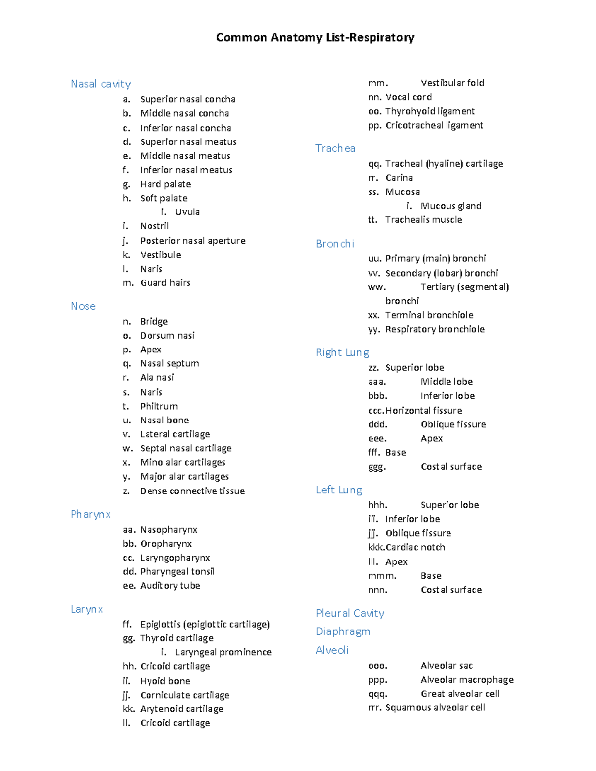 Common Anatomy List: Respiratory System (Bio 101) - Common Anatomy List ...