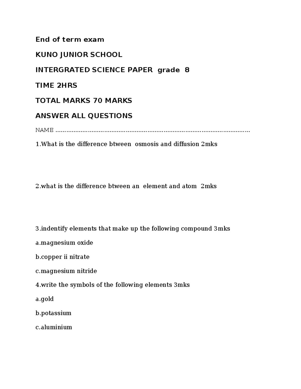 Integrated Science Grade 8 Term 2 Exam Questions - Studocu