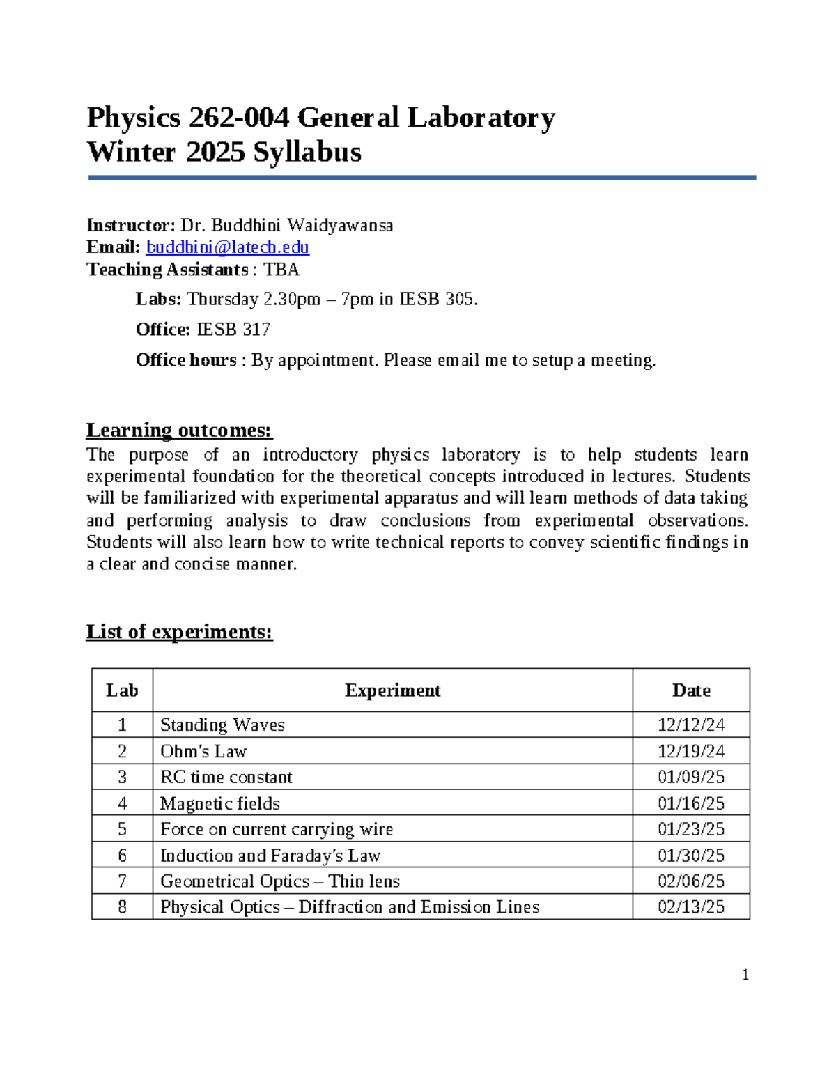 Phys262 004 General Lab Syllabus - Winter 2025 By Dr. Waidyawansa - Studocu