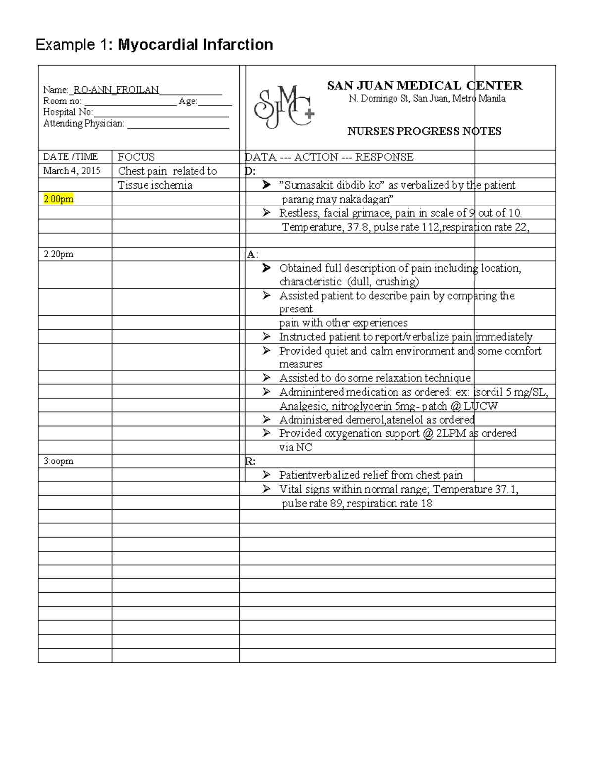 FDAR-D1 - Nursing Progress Notes on Patient Conditions and ...