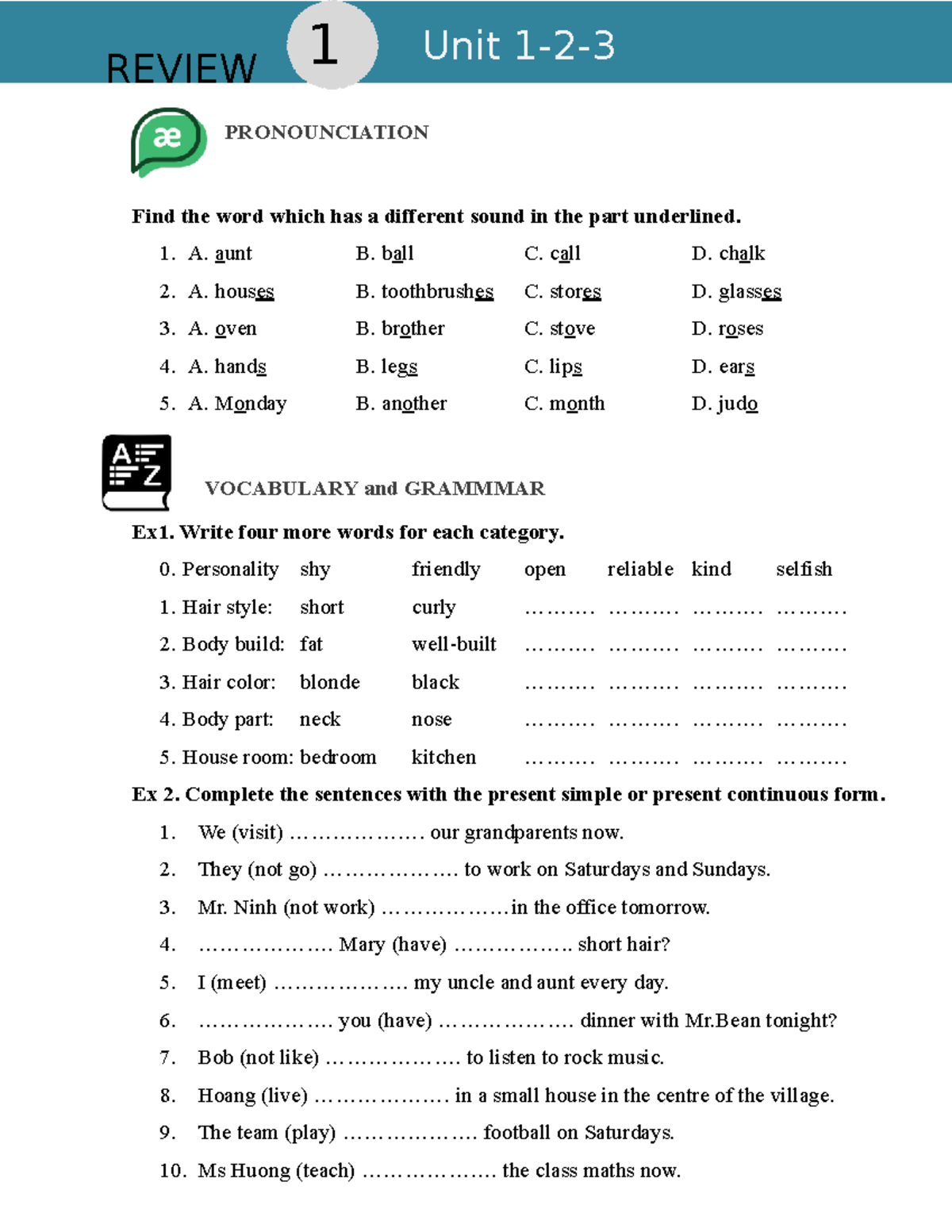Grade 6 - Review 1: Pronunciation, Vocabulary, and Grammar Exercises ...