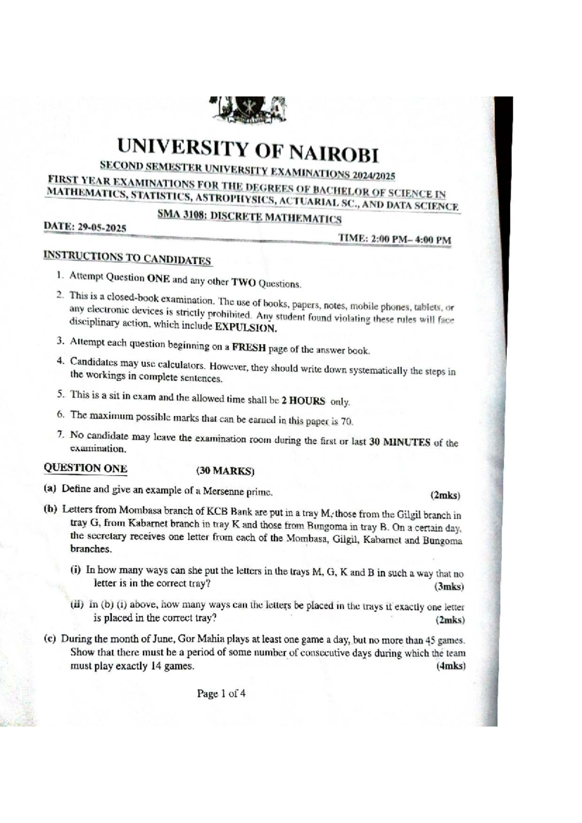 SMA 3108: Discrete Mathematics Final Exam - University of Nairobi 2025 ...