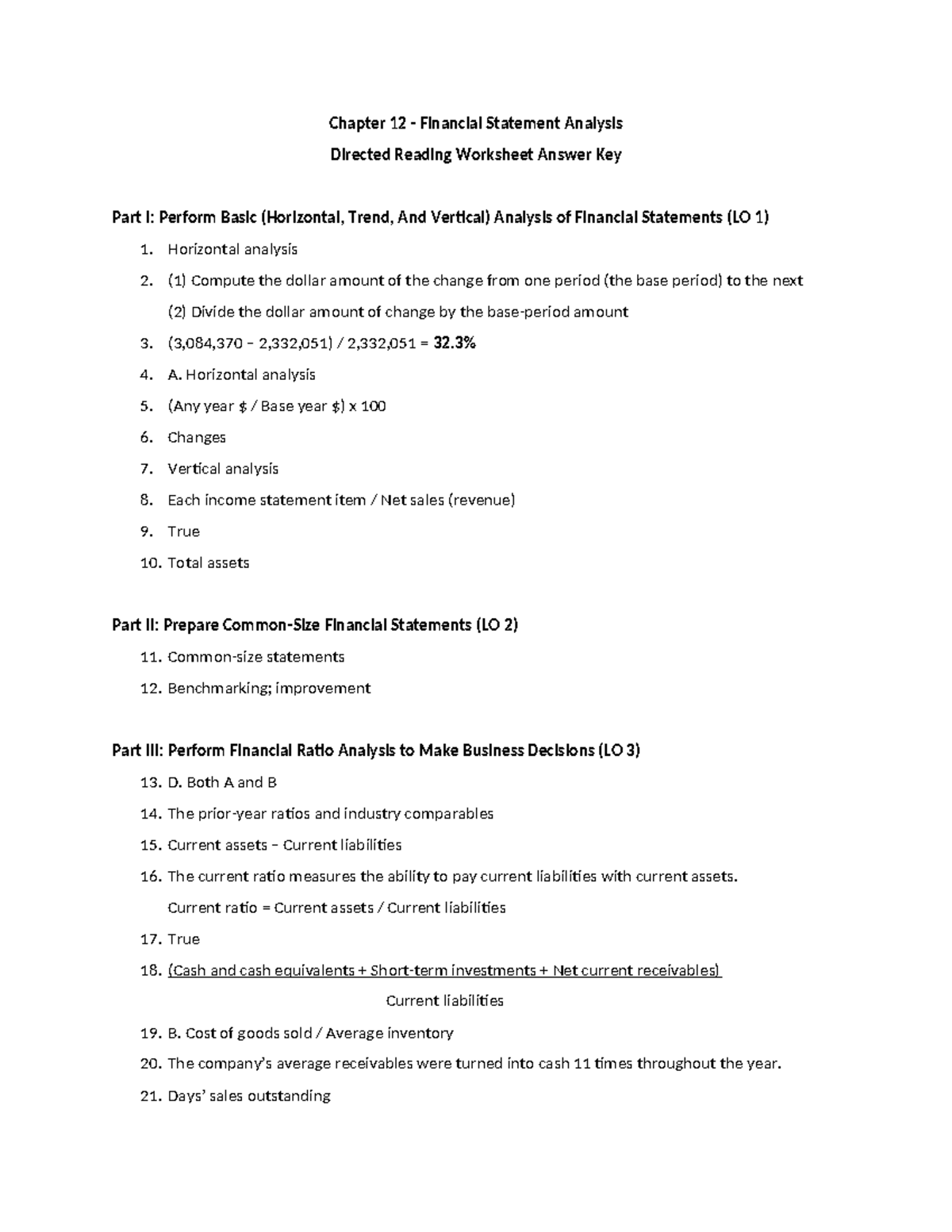 Chapter 12 Financial Statement Analysis: Directed Reading Answers - Studocu