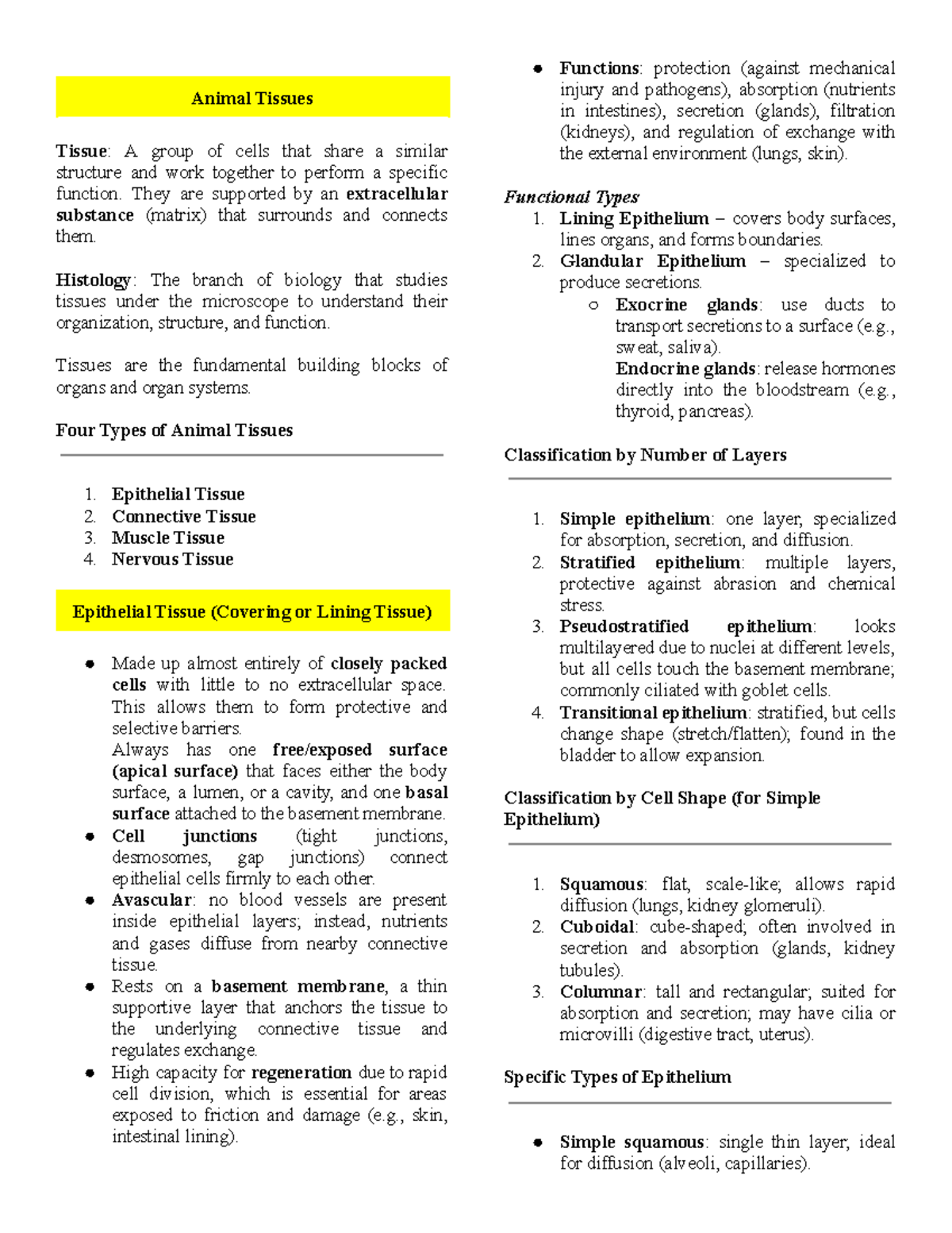 GEN ZOO LAB - Animal Tissues Overview and Functions - Studocu