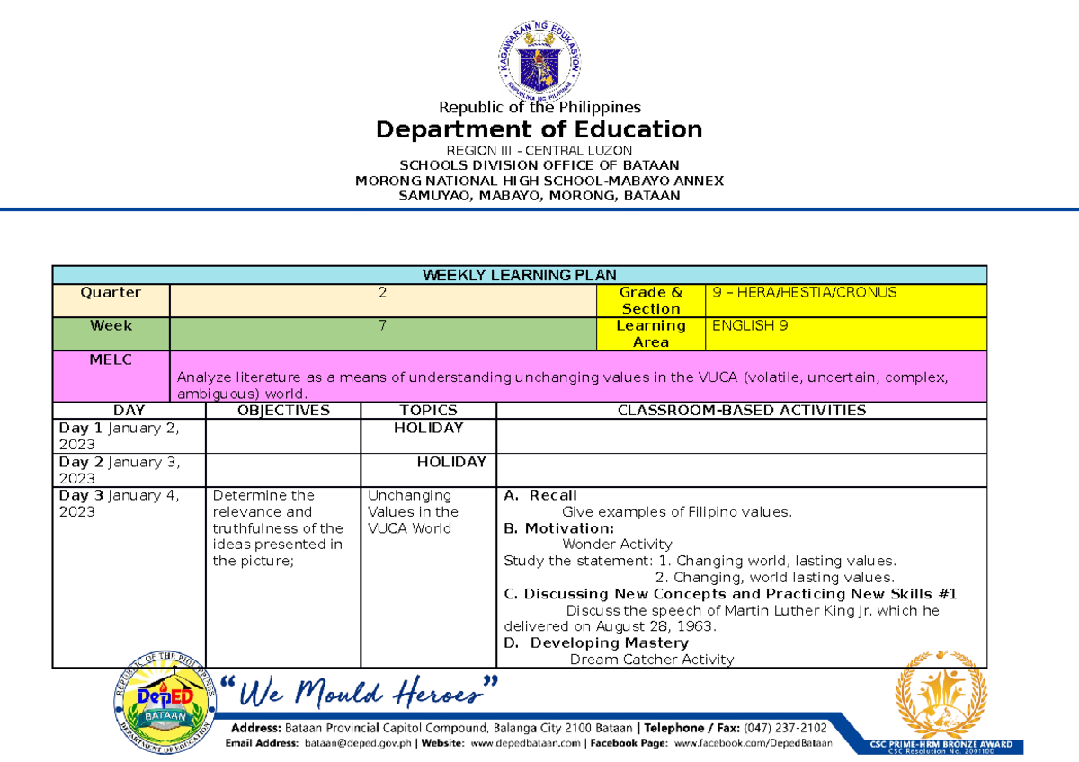 WLP-Grade 9: Weekly Learning Plan for English 9 - Week 7 Activities - Studocu