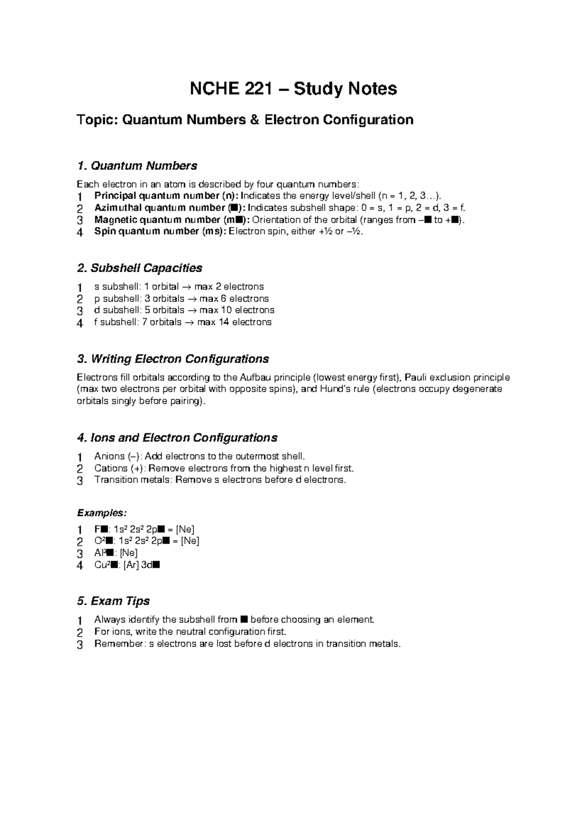 NCHE 221 Study Notes: Quantum Numbers & Electron Configurations - Studocu