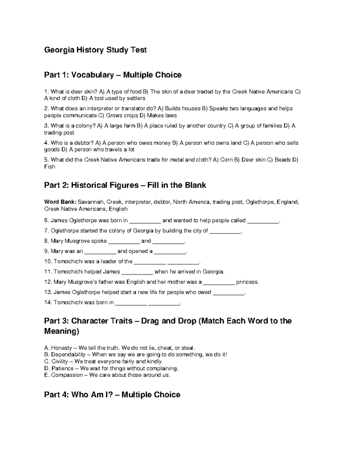 Georgia History Study Test: Vocabulary & Historical Figures Quiz - Studocu