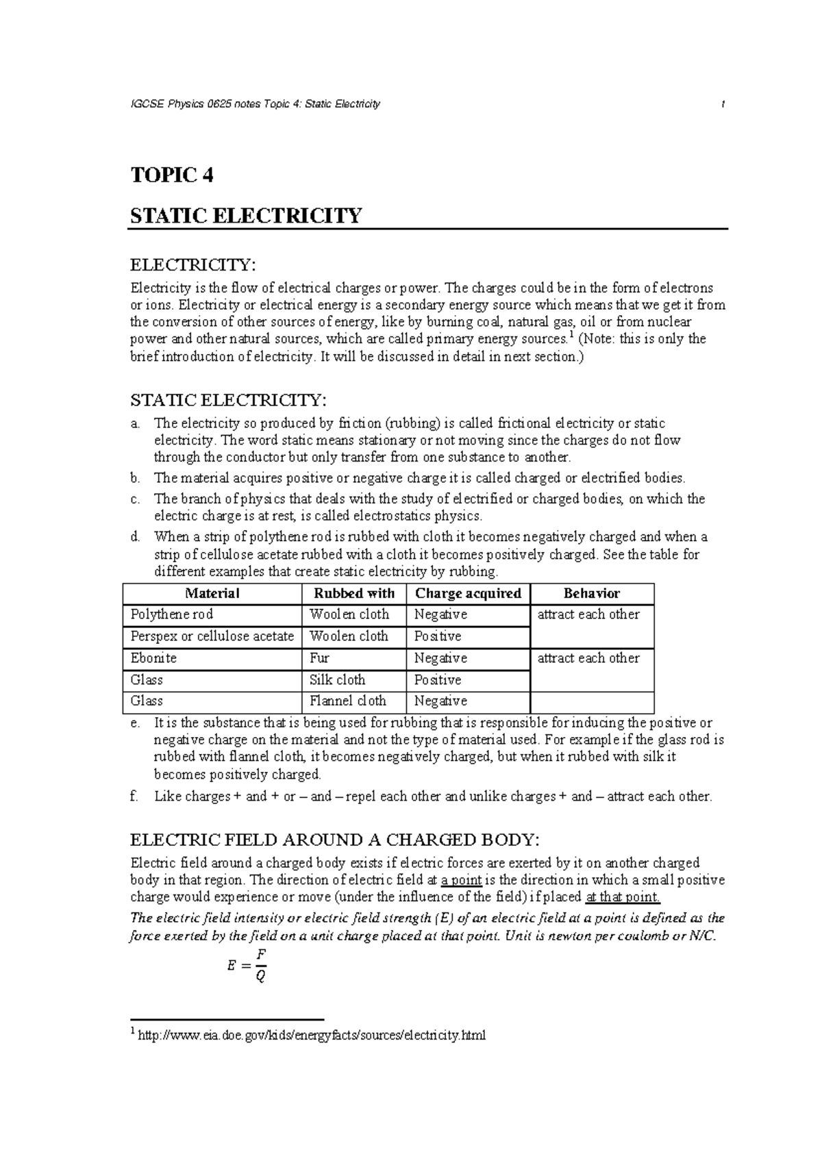 IGCSE Physics 0625 Notes: Understanding Static Electricity Topics - Studocu