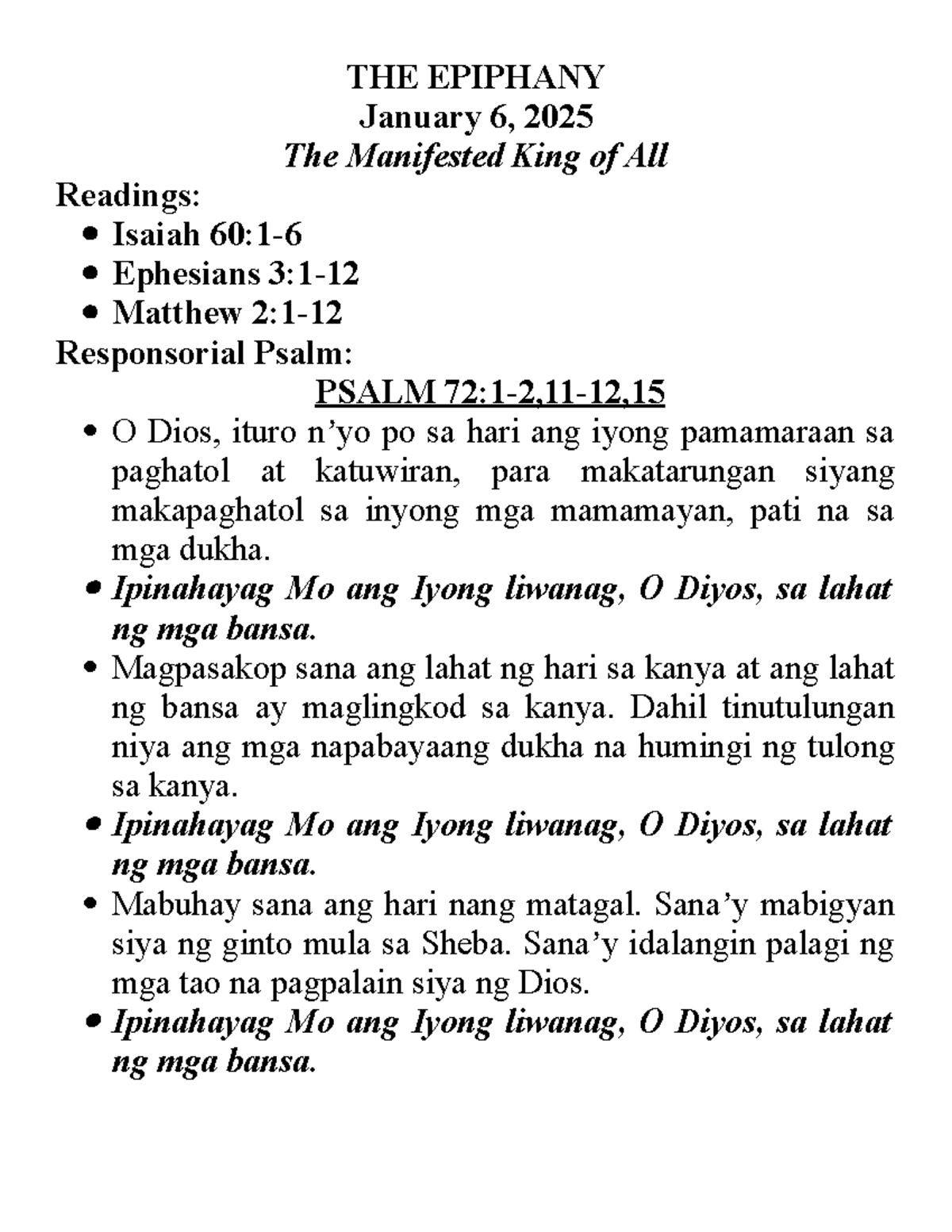 Epiphany 2025 - Mass - THE EPIPHANY January 6, 2025 The Manifested King ...