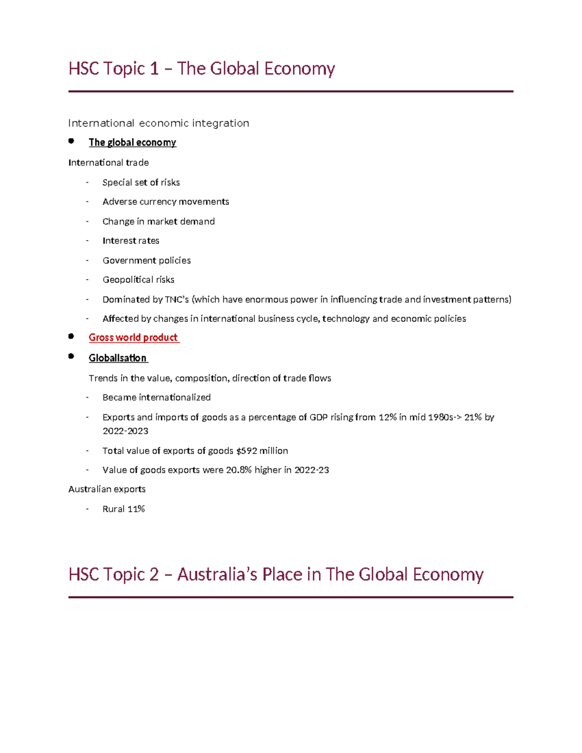 HSC Year 12 Economics Notes: Global Economy & Key Issues Overview - Studocu