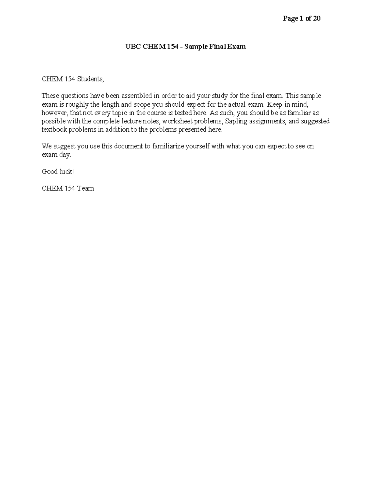 CHEM154-Sample Final Exam Questions and Study Guide - Studocu