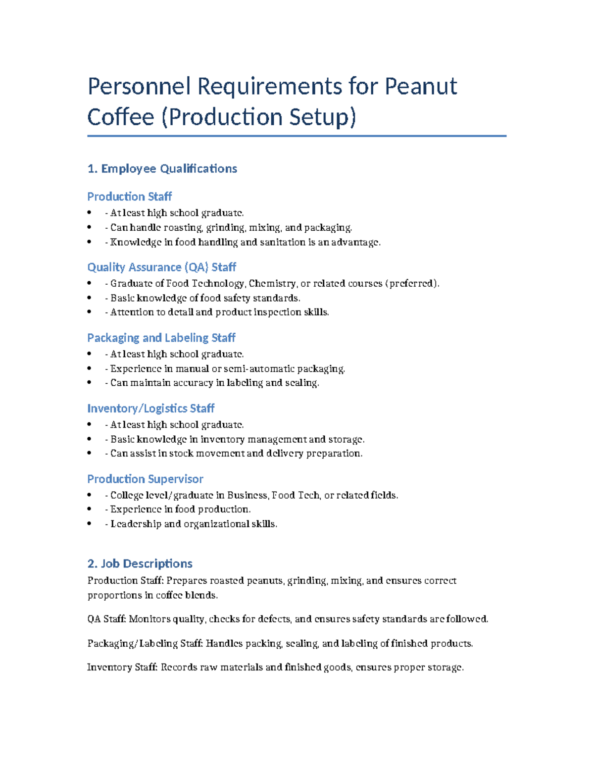 Personnel Requirements for Peanut Coffee Production Setup - Studocu