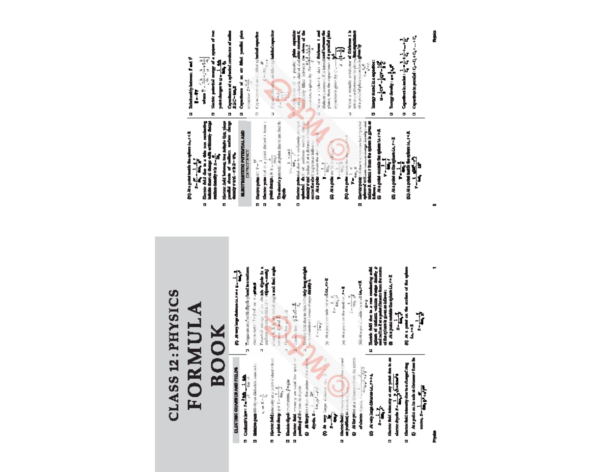 CLASS 12 PHYSICS: Formula Sheet for Electrostatics Concepts - Studocu