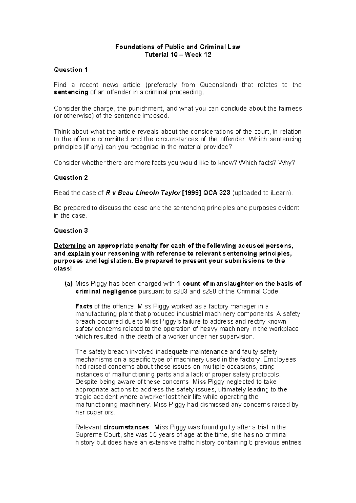 Tutorial 10 - Week 12 - Foundations of Public and Criminal Law Tutorial 10 – Week 12 Question 1 ...