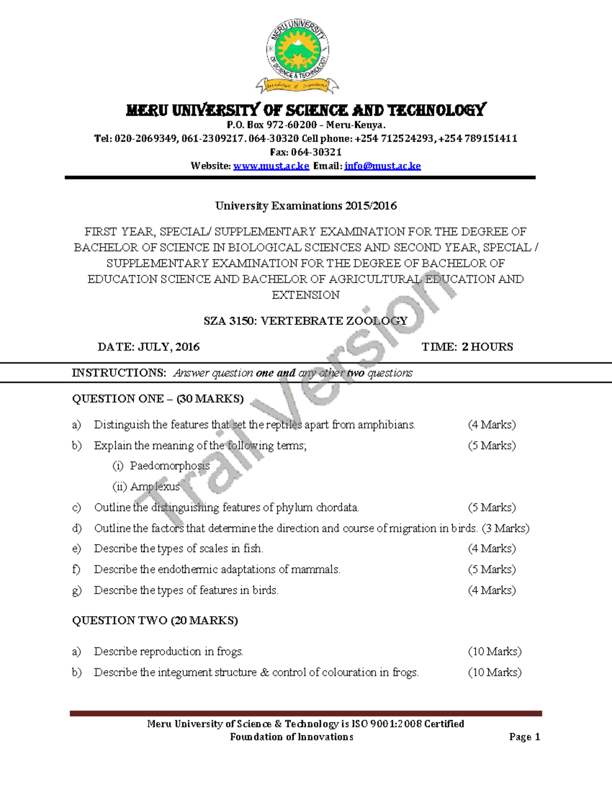 SZA 3150: Supplementary Exam Notes on Vertebrate Zoology - Studocu