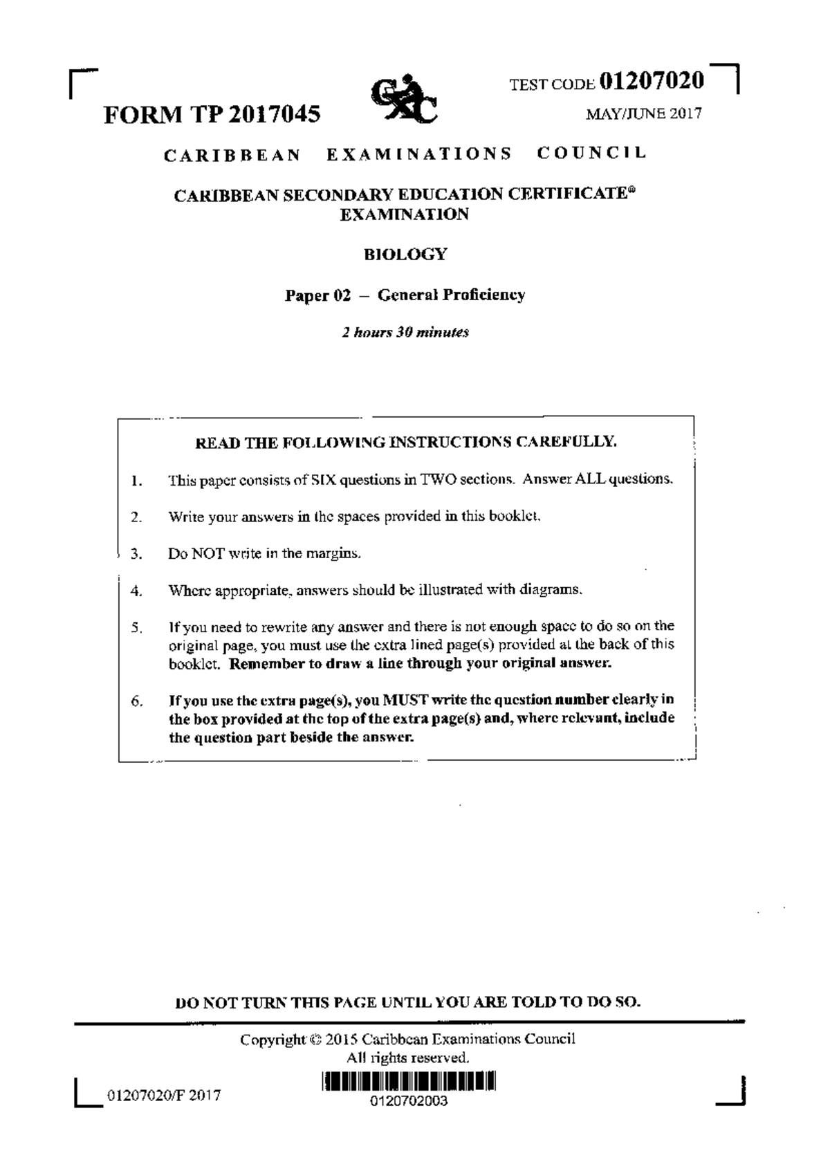 CSEC Biology Exam Paper 02 - May 2017 (General Proficiency) - Studocu