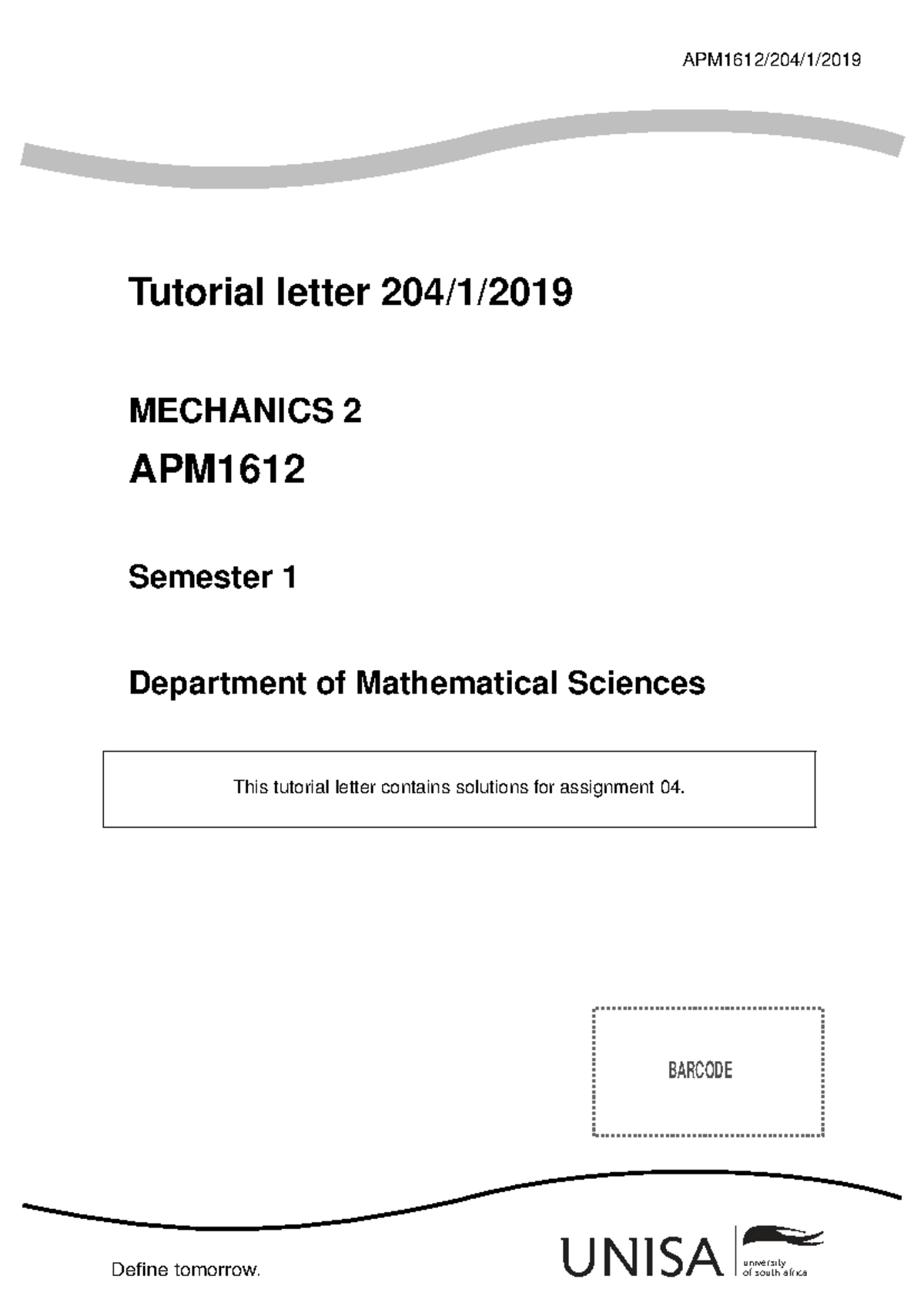 Tutorial Letter APM1612: Mechanics 2 Assignment 04 Solutions - Studocu