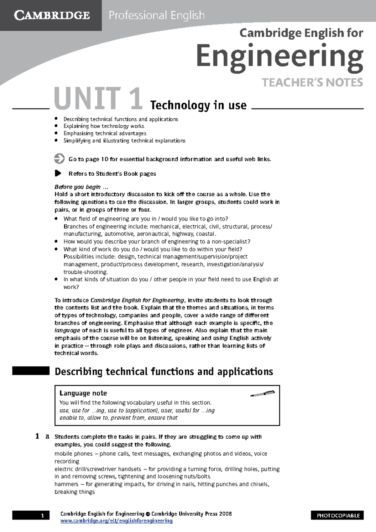 Cambridge English for Engineering: Comprehensive Teacher's Notes - Studocu