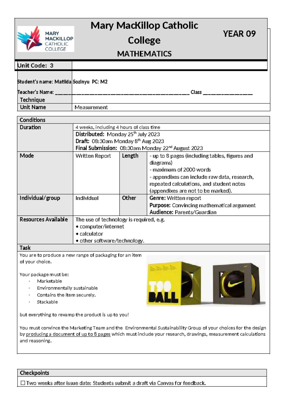 Y9 - PSMT U3 - Problem Solving & Modelling Task: Packaging Design - Studocu