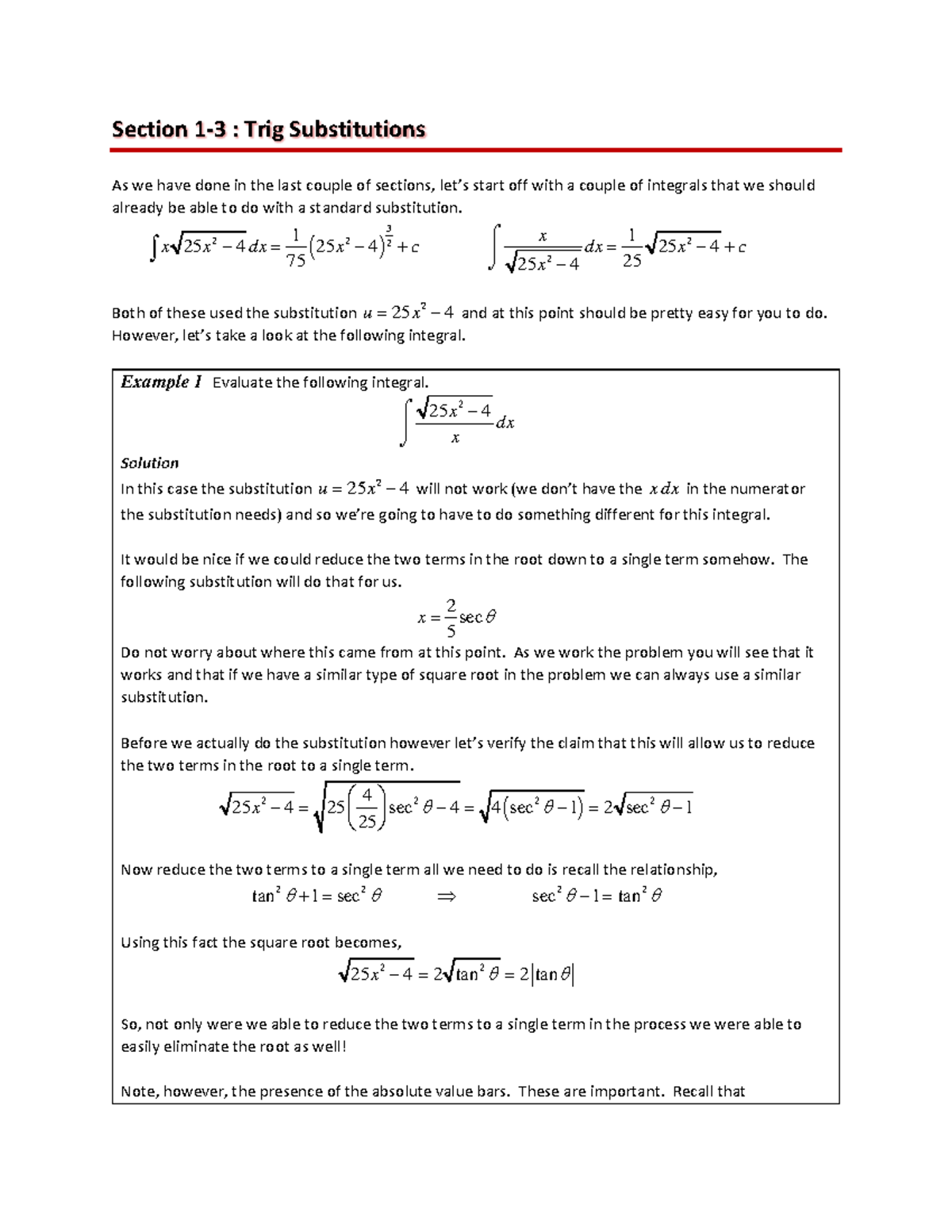 Calc II Trig Subst - Lecture notes 7 - Warning: TT: undefined function ...