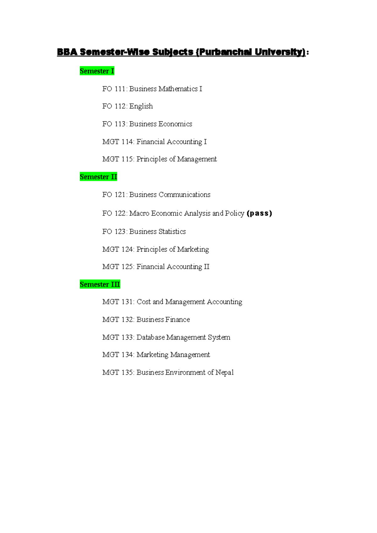 BBA Course Overview: Semester I to VII Subjects and Codes - Studocu