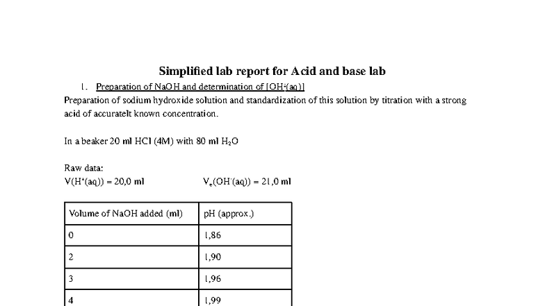 Lab Report: Acid-Base Titration of NaOH with HCl (KEMI 21) - Studocu